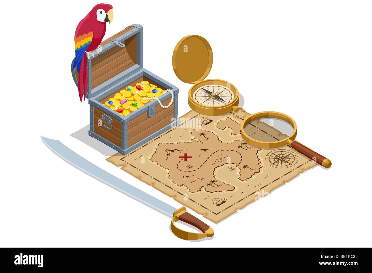 Isometric treasure map. An Isometric illustration depicting a pirate ...