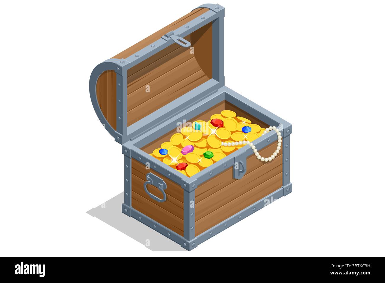 wooden treasure chest. An Isometric illustration of an open wooden ...