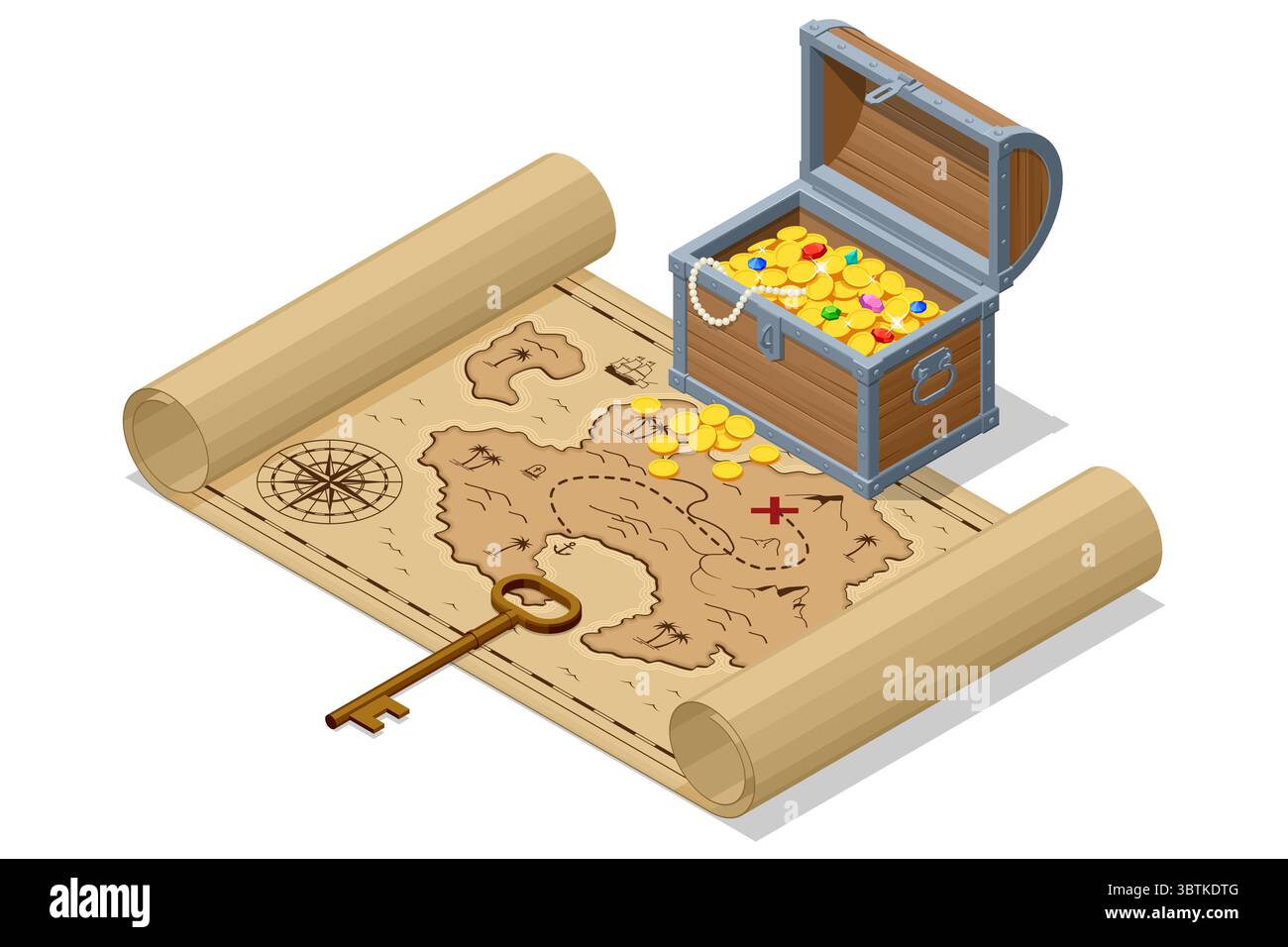 Treasure map. Isometric illustration showcasing a rolled-out treasure ...