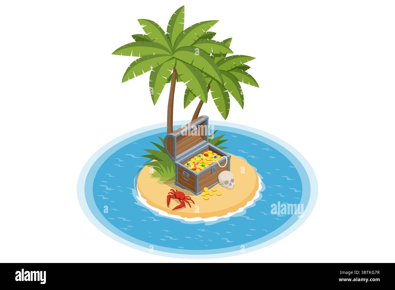 An Isometric illustration of a tropical treasure scene with an open ...