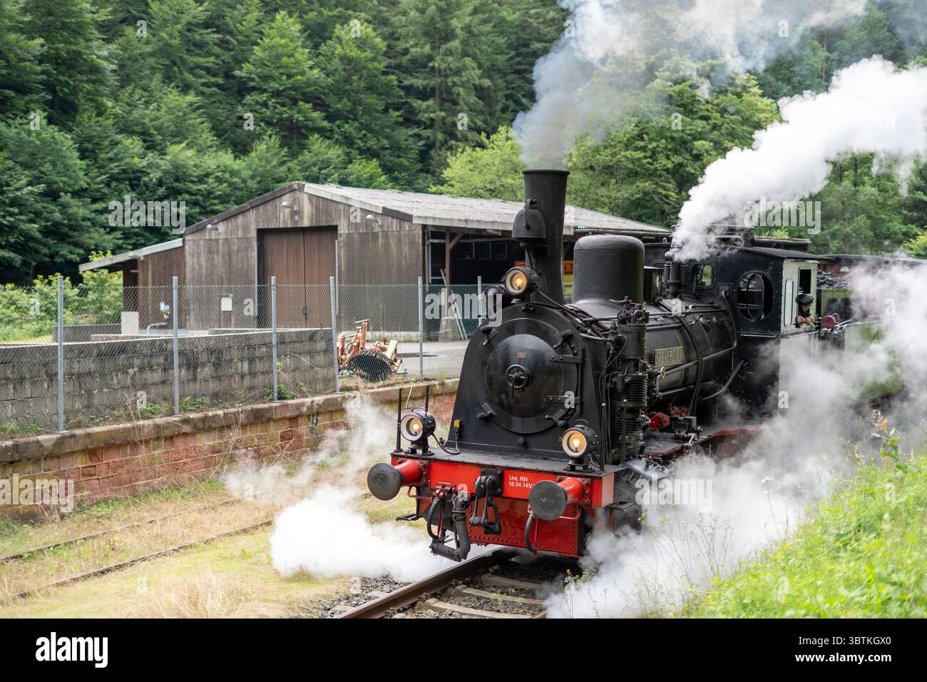 Vintage Steam Locomotive in Motion at Rural Railway Station – Historic Train with Smoke and ...