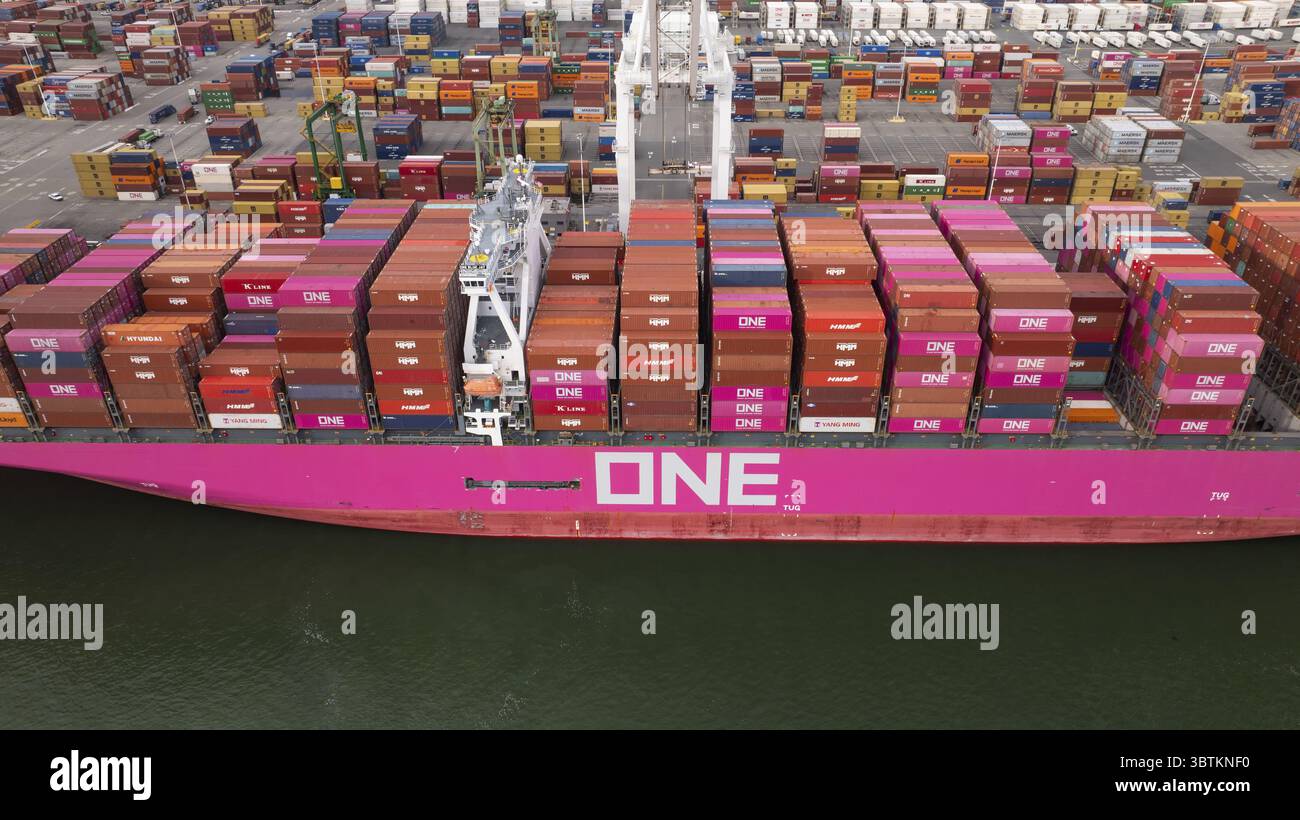 Port of Oakland, United States - 07 April 2025: Aerial view of a ...