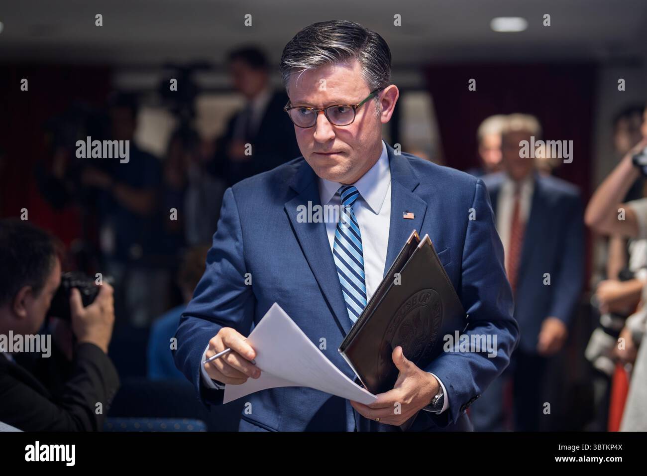 Speaker of the House Mike Johnson, R-La., arrives for a news conference ...