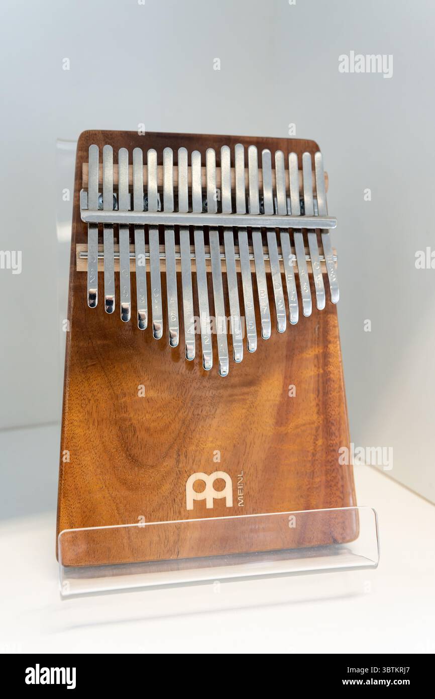 Wooden kalimba with metal tines labeled with notes, placed on clear ...