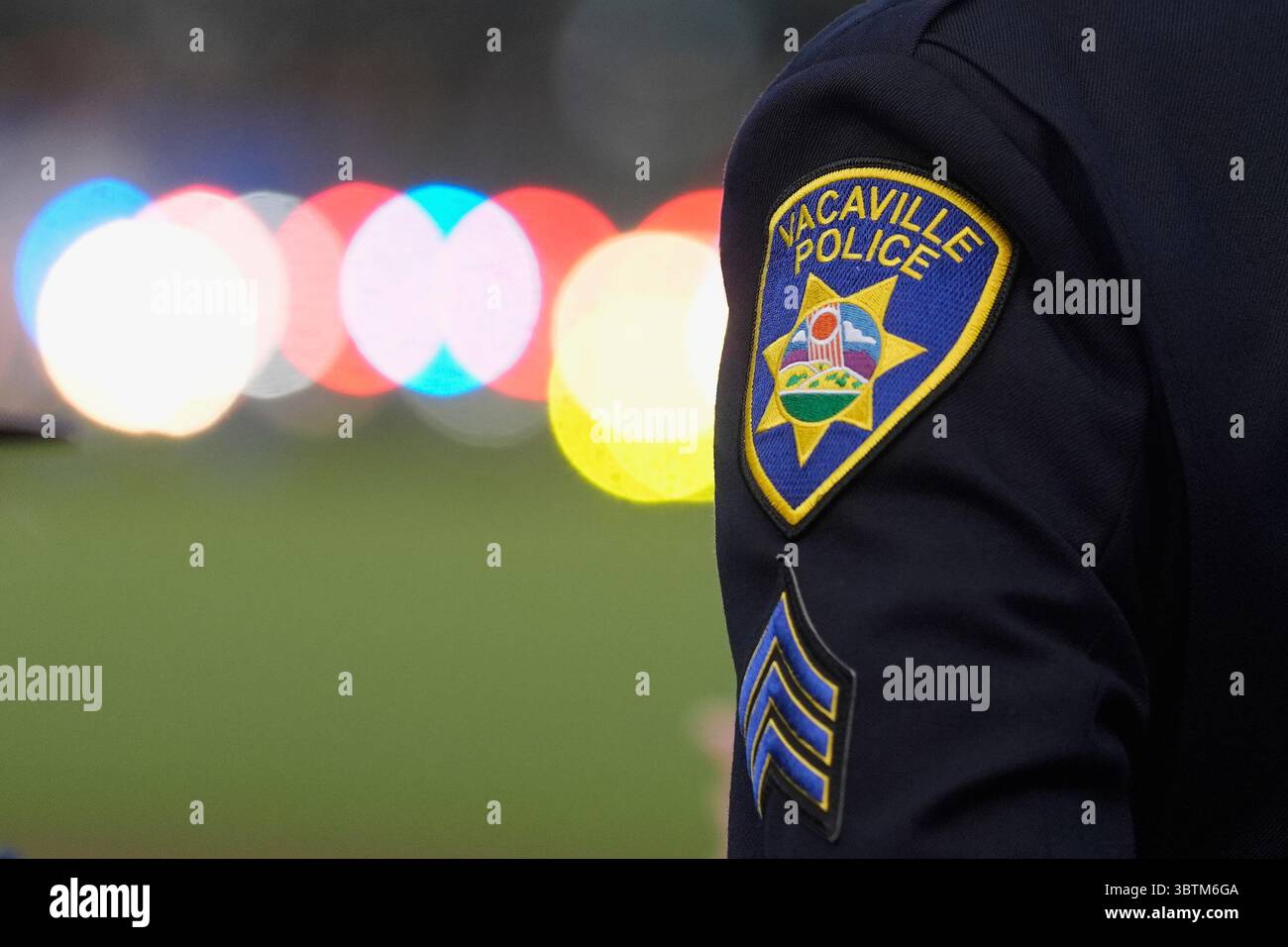 A Vacaville Police patch is shown before a baseball game between the ...