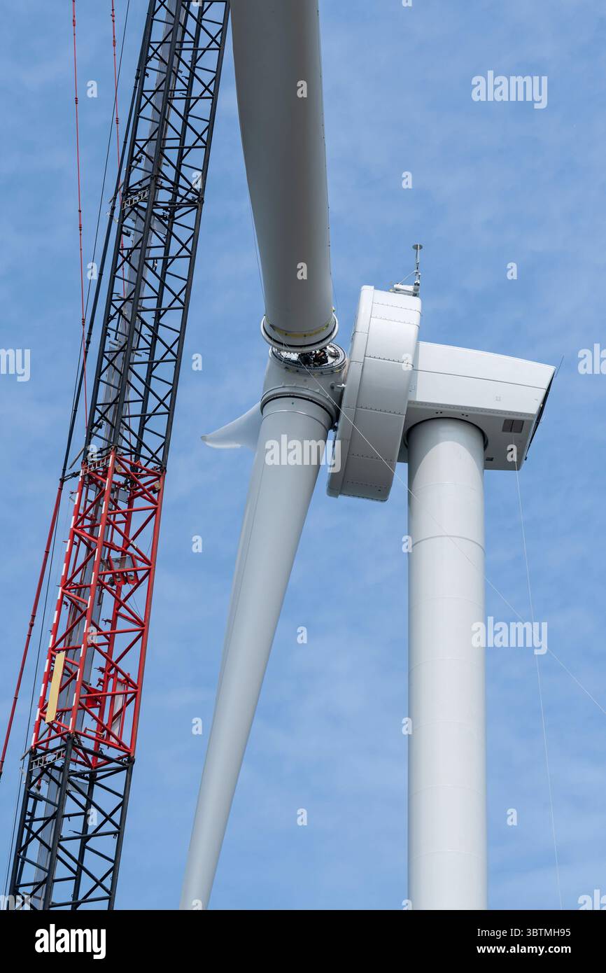 assembly of a rotor blade on a newly installed wind turbine Stock Photo ...