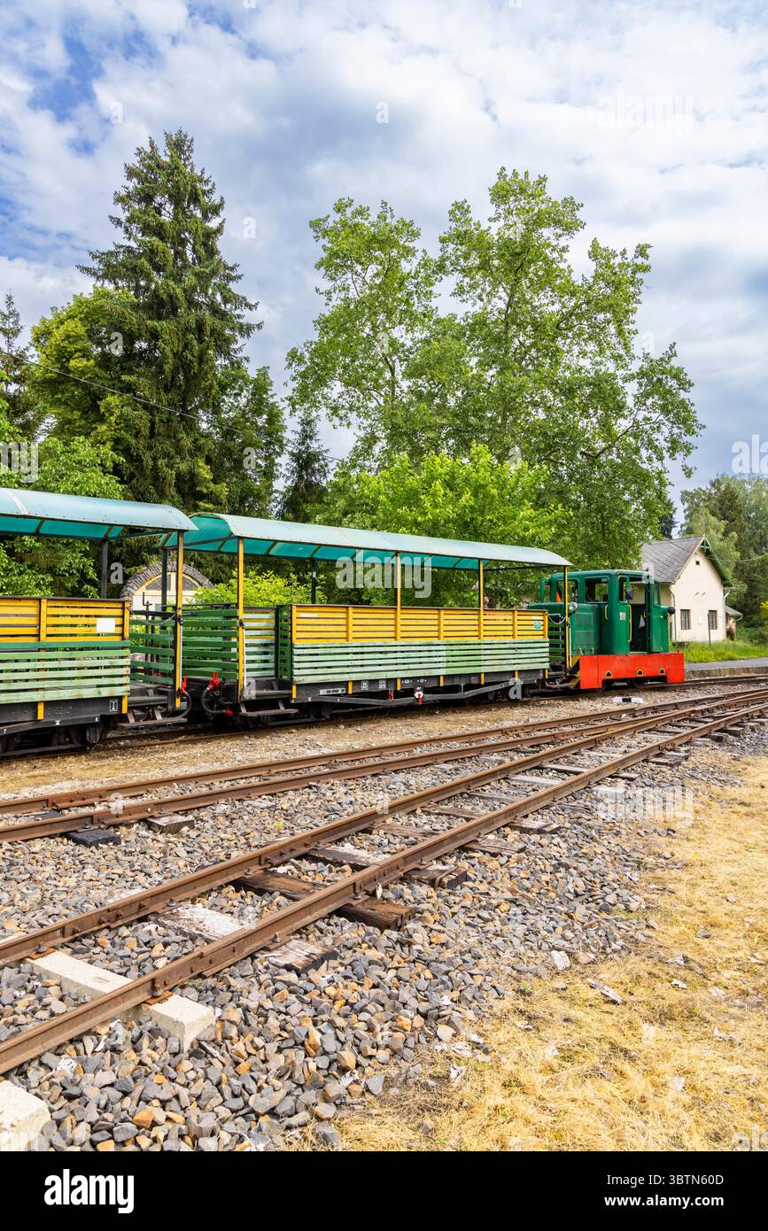 Open carriages and locomotive waiting at the station of the narrow ...