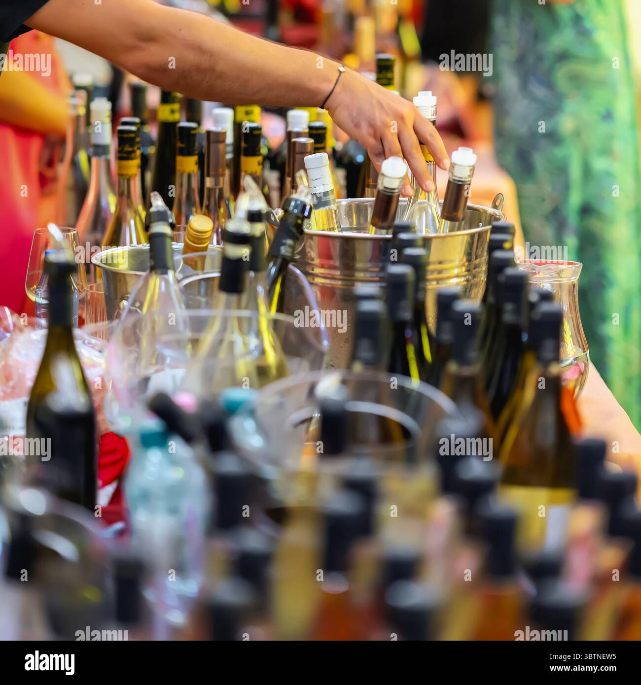 Hand reaching for wine bottle from metal ice bucket at festive wine ...