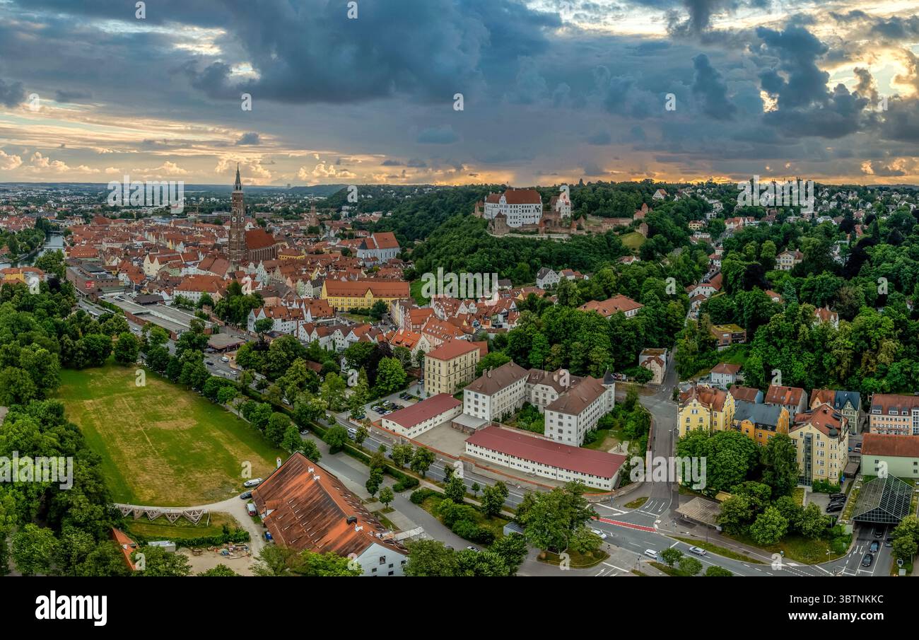 Aerial view of Landshut medieval German town on the Isar river in ...