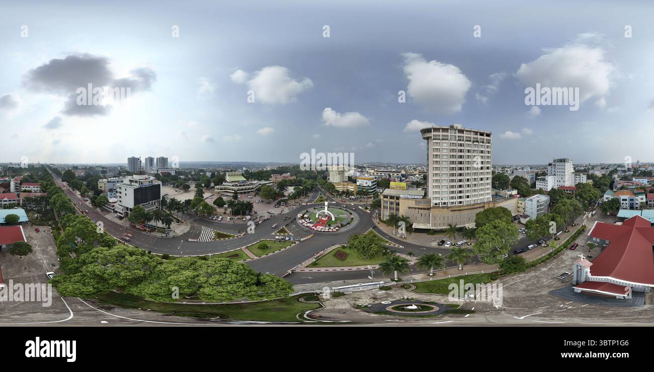 Aerial view of the roundabout and the city's buildings, with a mix of ...