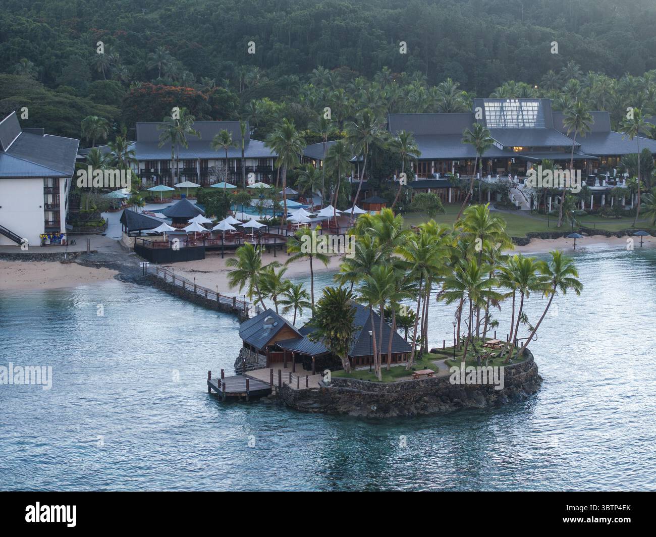 Aerial view of a small island with palm trees and a hut connected by a ...