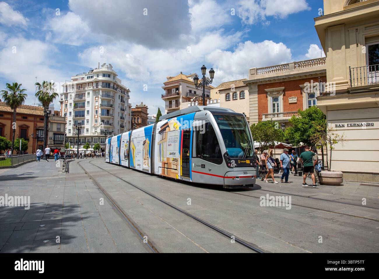 Trams operating for public transport in the Spanish city of Seville ...