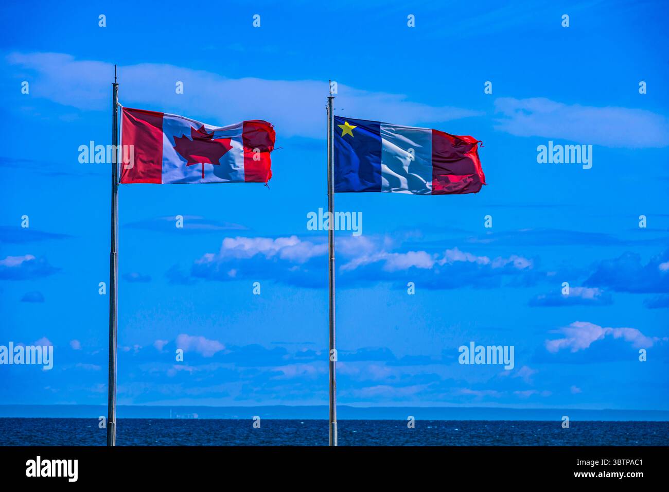 Canadian and Acadian flags, Grand Anse, New Brunswick, Bay of Chaleur ...