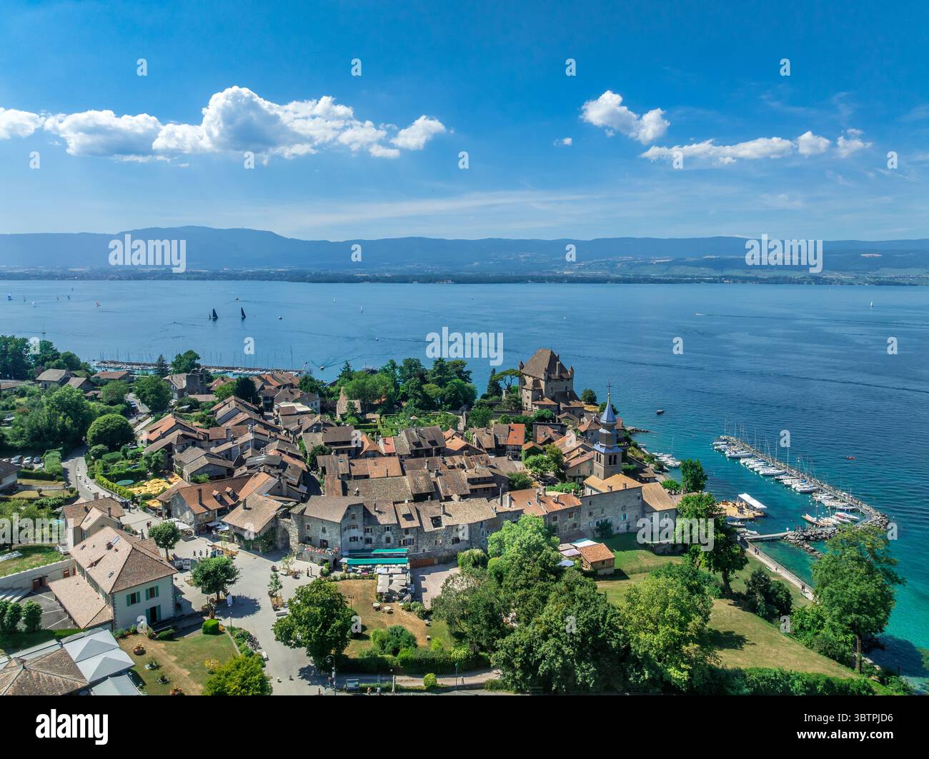 Aerial view of Yvoire on Lake Geneva with medieval ramparts Most ...