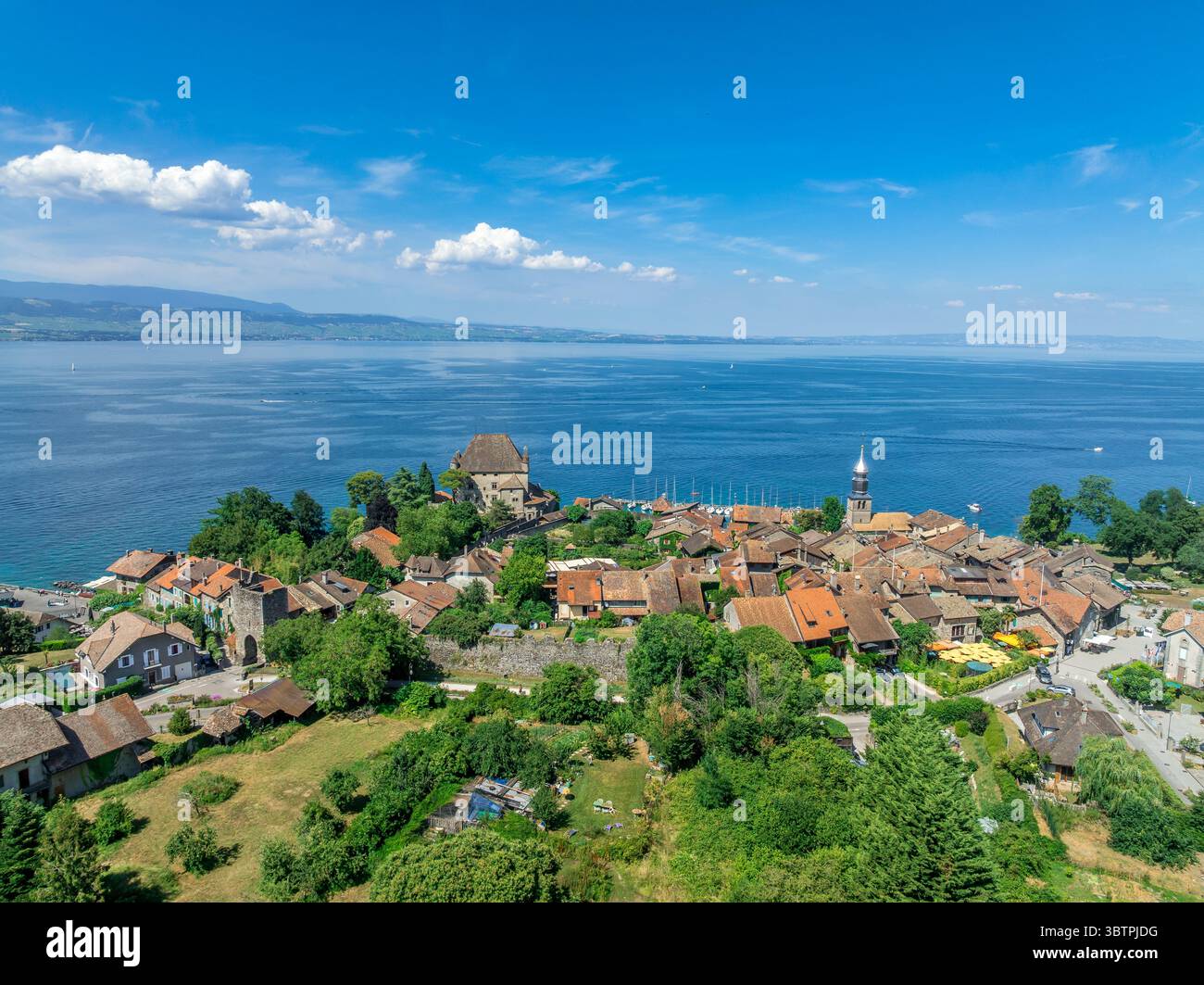Aerial view of Yvoire on Lake Geneva with medieval ramparts Most ...