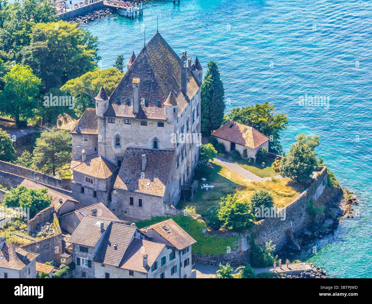 Aerial close up view of Yvoire castle on Lake Geneva France with 4 ...