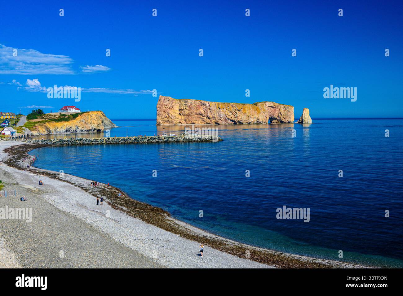 The town of Perce with Perce Rock, Perce, Quebec QC, Canada Stock Photo ...