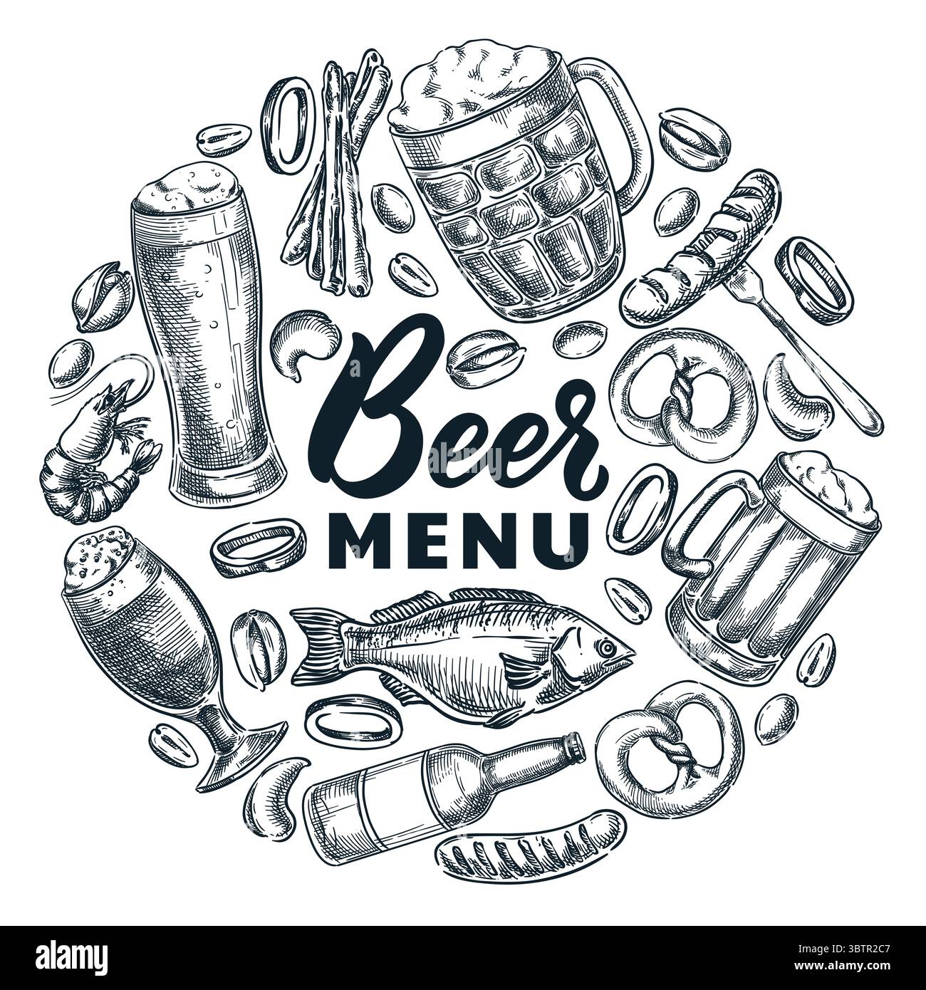 Craft beer circle label with mug, glasses, sausage, pretzel, fish ...