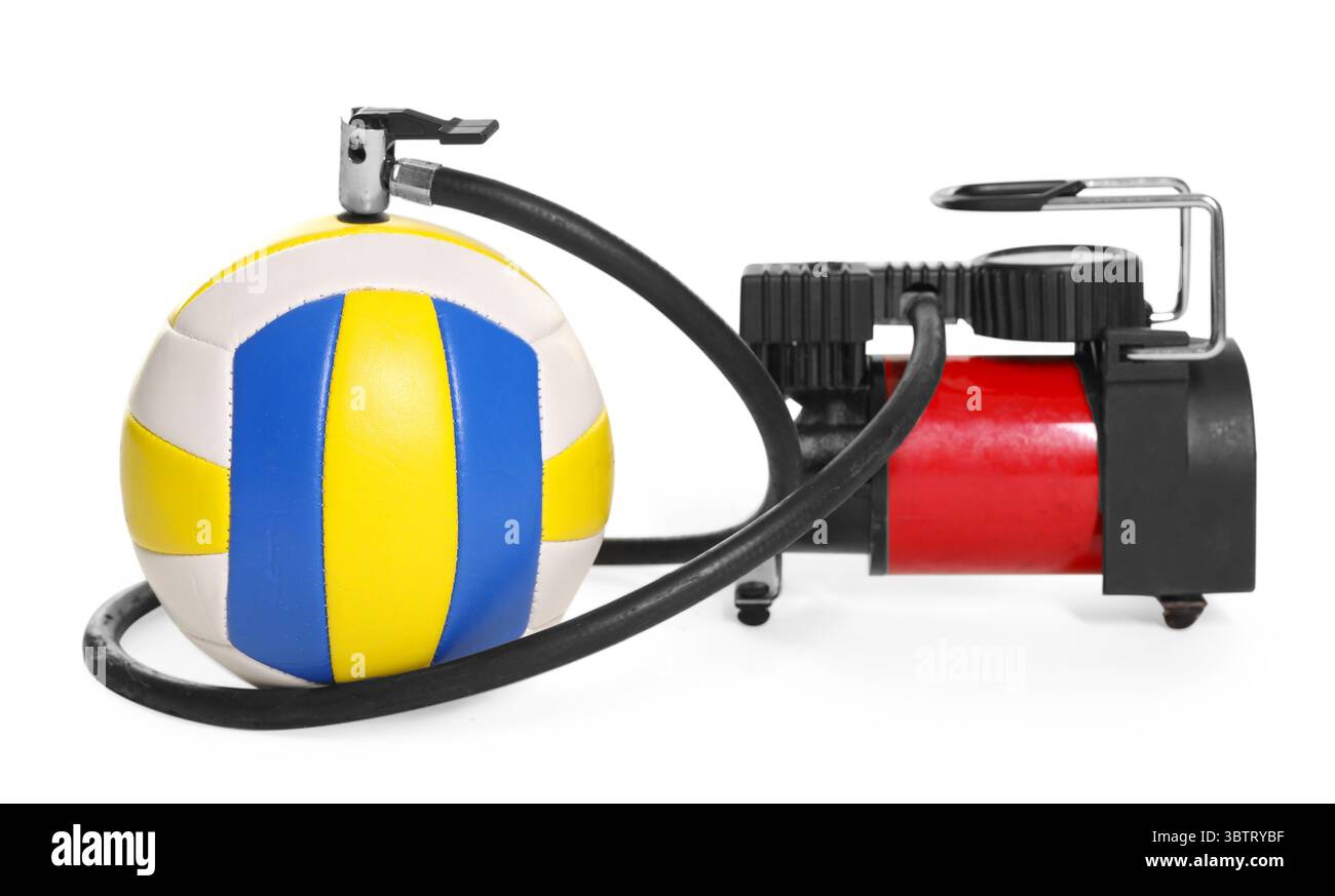 Volleyball ball and air compressor isolated on white Stock Photo - Alamy