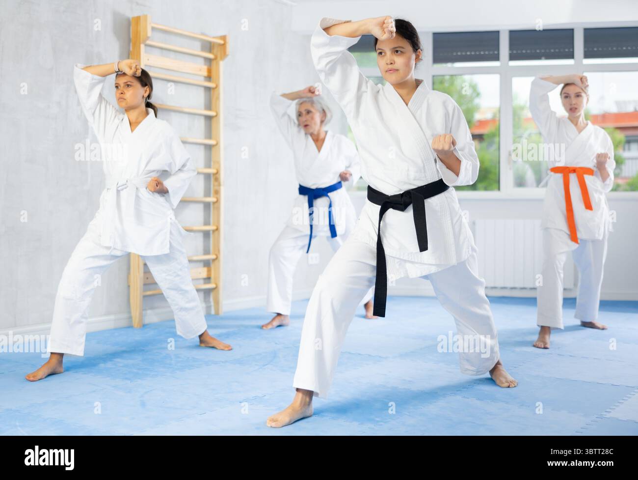 Female martial arts instructor leading karate kata training for group ...