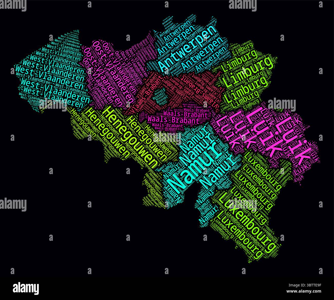 Belgium Regions Word Clouds. Bright neon style design on dark ...