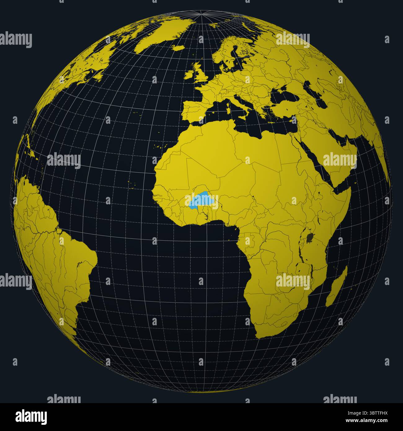 Burkina Faso on Globe. Country view on the world map in Charcoal Bright ...