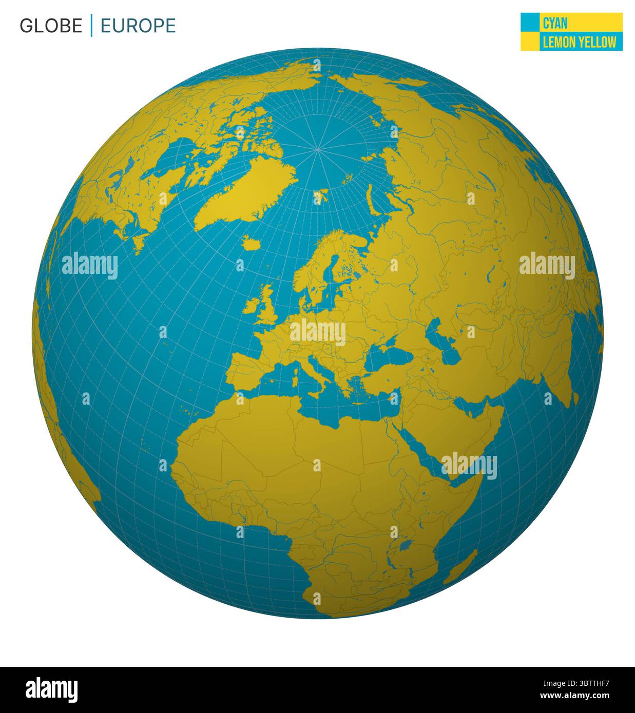 Vector globe centered on Europe. Cyan, lemon, and yellow palette. World ...
