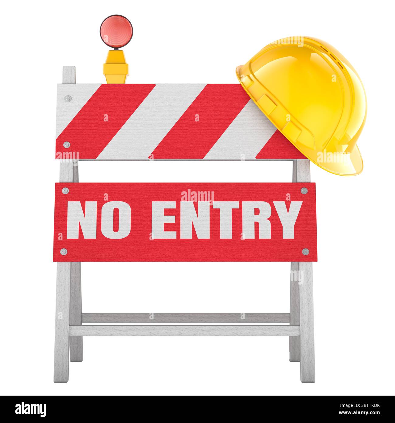 No Entry Sign. Road barrier with yellow hard hat. 3D rendering isolated ...