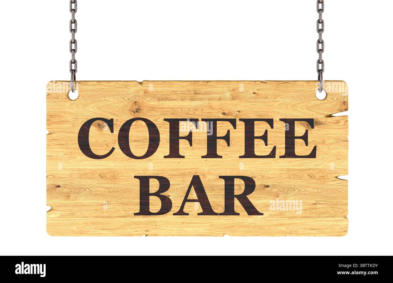 Coffee Bar wooden sign hanging on chains. 3D rendering isolated on ...
