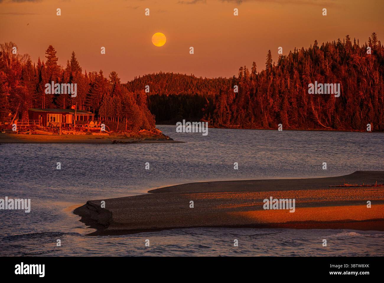Michipicoten River sandbar with rising harvest moon- supermoon, Lake ...