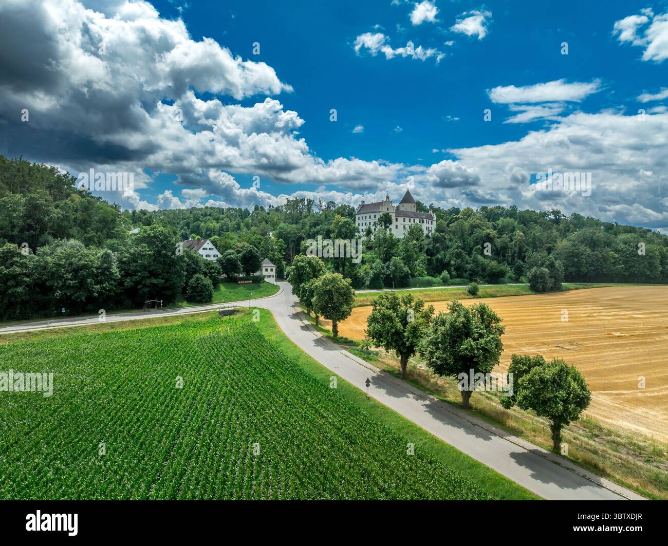 Aerial view of Kronwinkl castle in Bavaria Germany with large round ...