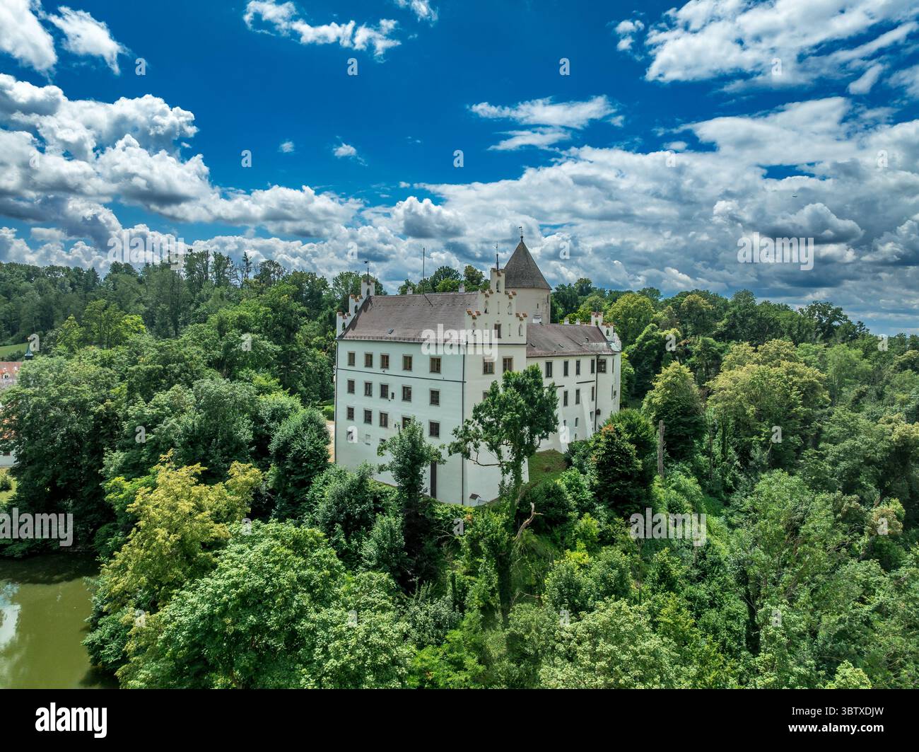 Aerial view of Kronwinkl castle in Bavaria Germany with large round ...