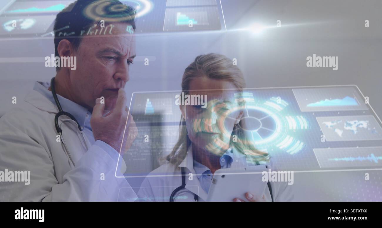Two doctors examining blue holographic charts in medical lab, with ...