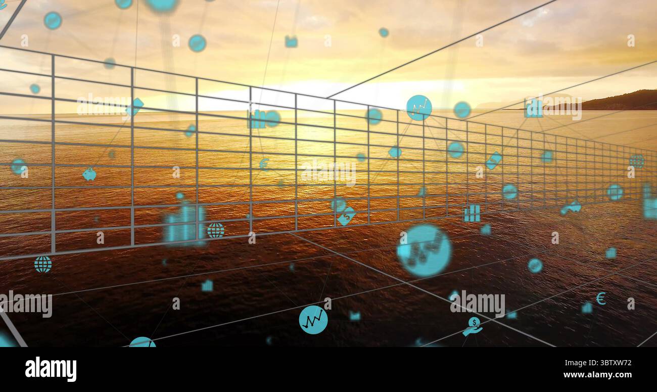 Displaying semi-transparent 3D wireframe grid floating above sunset sea ...
