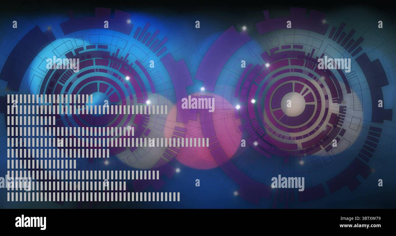 Displaying futuristic interface on digital screen, with overlapping circular graphics and data ...