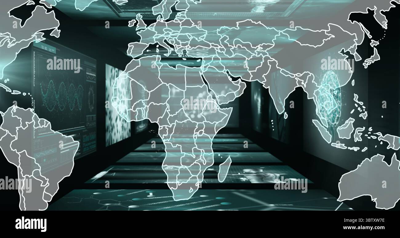 Displaying holographic world map projection in high-tech control hub ...