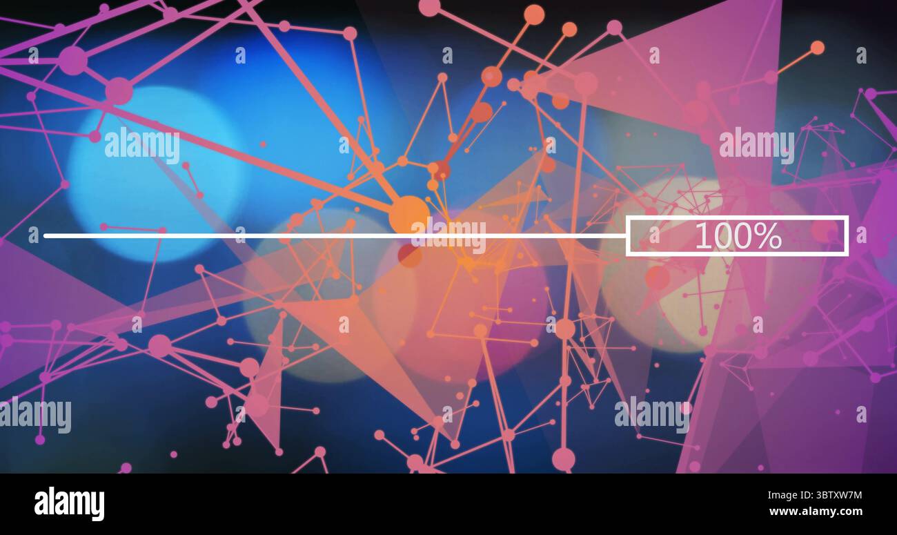 Displaying white progress bar reaching 100% over network nodes, lines ...