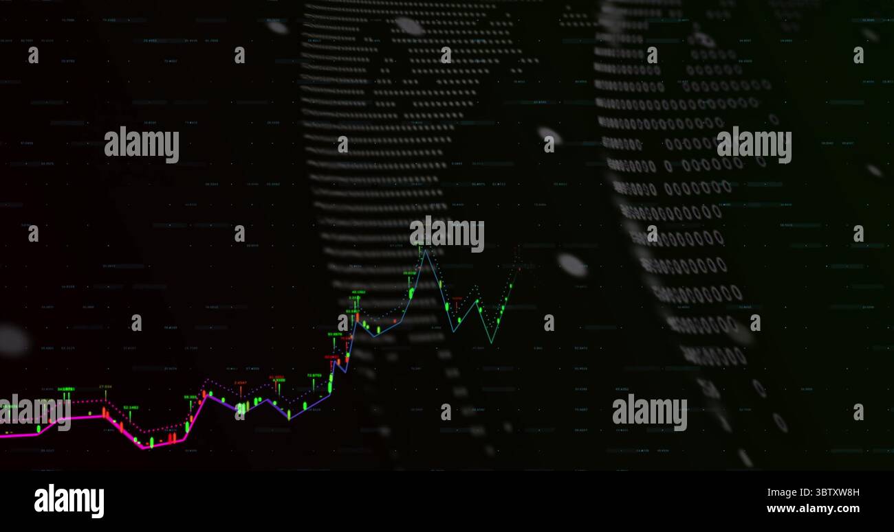 Displaying multicolored line chart streaming across virtual trading dashboard, with binary ...