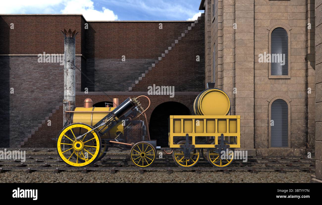 Illustration of Robert Stephenson's 'Rocket' steam locomotive at Edhe ...