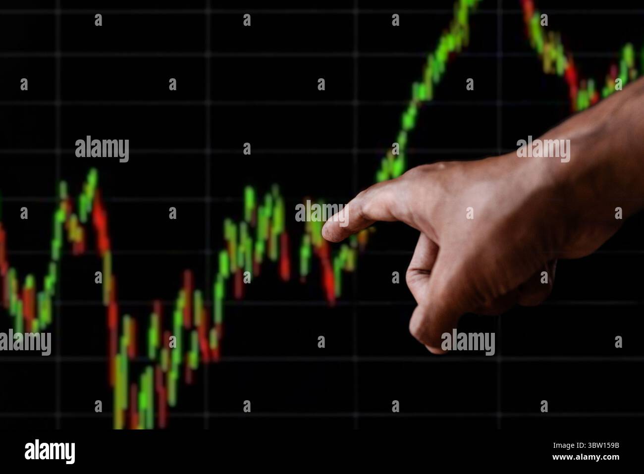 A human hand points towards a dynamic financial candlestick chart ...