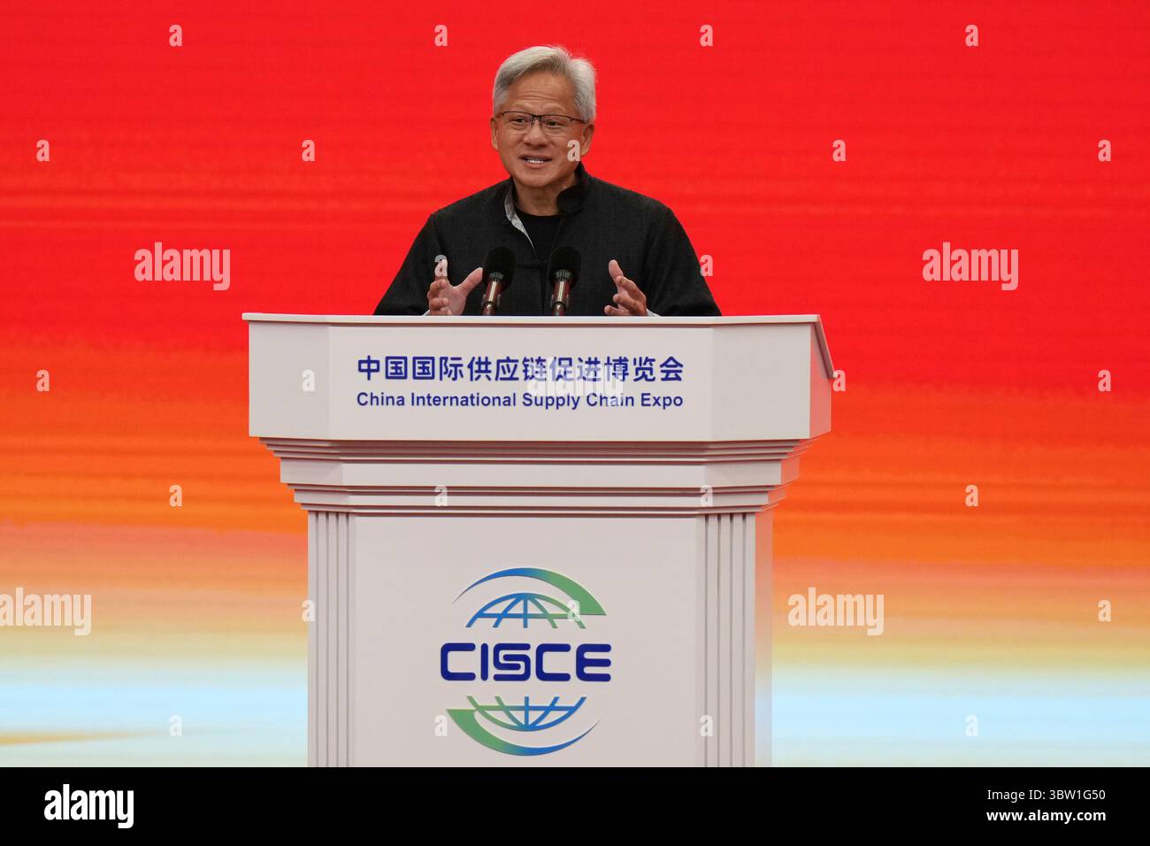 CEO of Nvidia Jensen Huang gestures as he speaks on stage during the ...