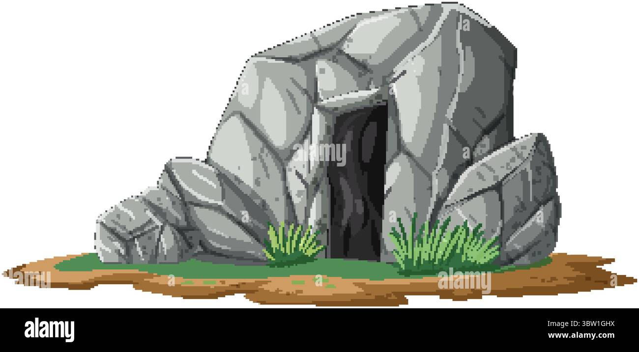 Vector illustration of a stone cave entrance surrounded by grass ...