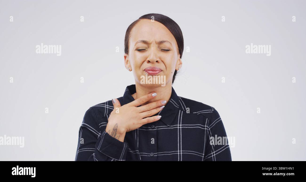 Woman, sore throat and pain with hand on neck for inflammation ...