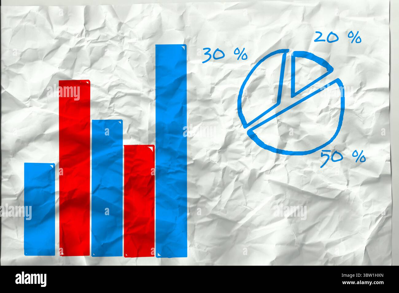 Displaying sketched charts on crumpled paper, highlighting blue and red ...