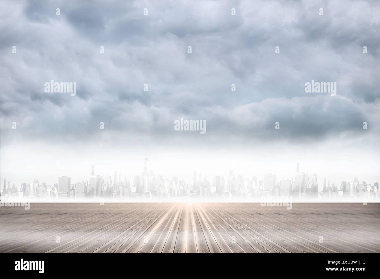 Flat illustration showing empty wood deck extending toward misty city ...