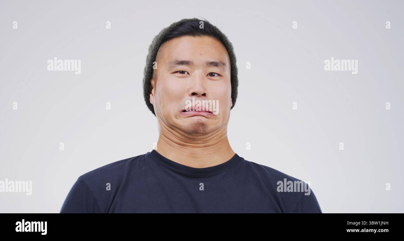 Comic, funny face and portrait with man on studio space for emotions ...