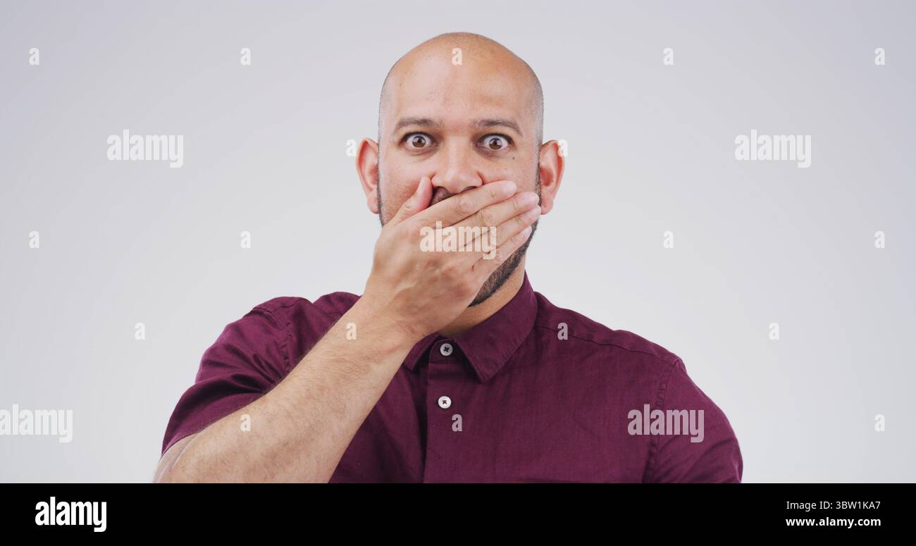 Surprise, rumor and portrait of man in studio with omg, wow and wtf ...