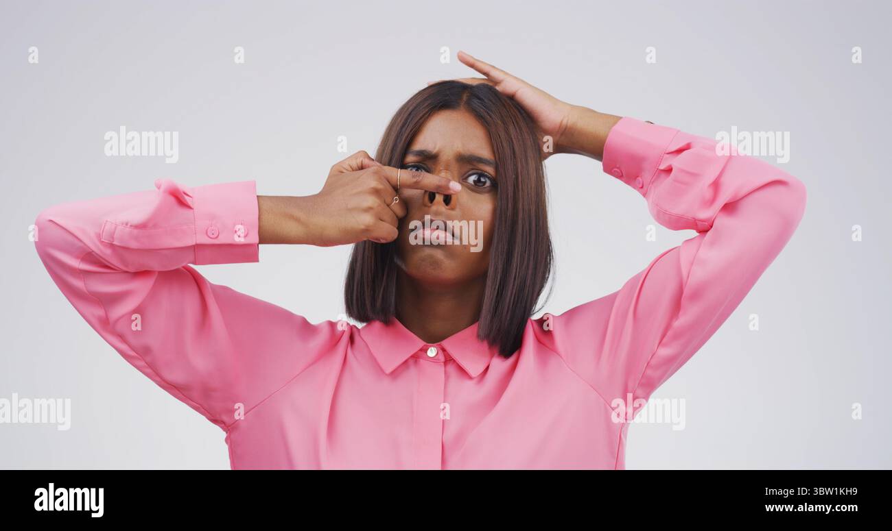 Nose, silly and portrait of woman in studio with funny face for emoji ...