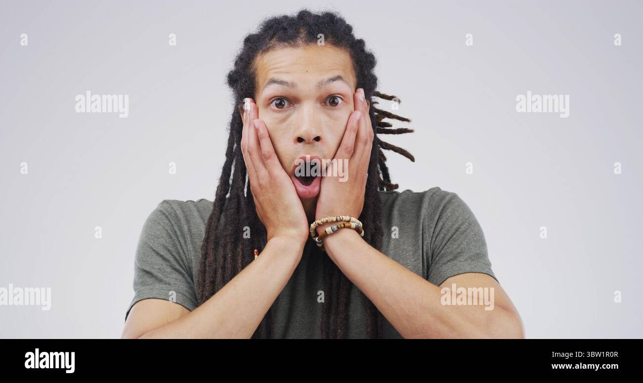 Shocked, man and amazed by gossip, portrait or reaction to announcement ...