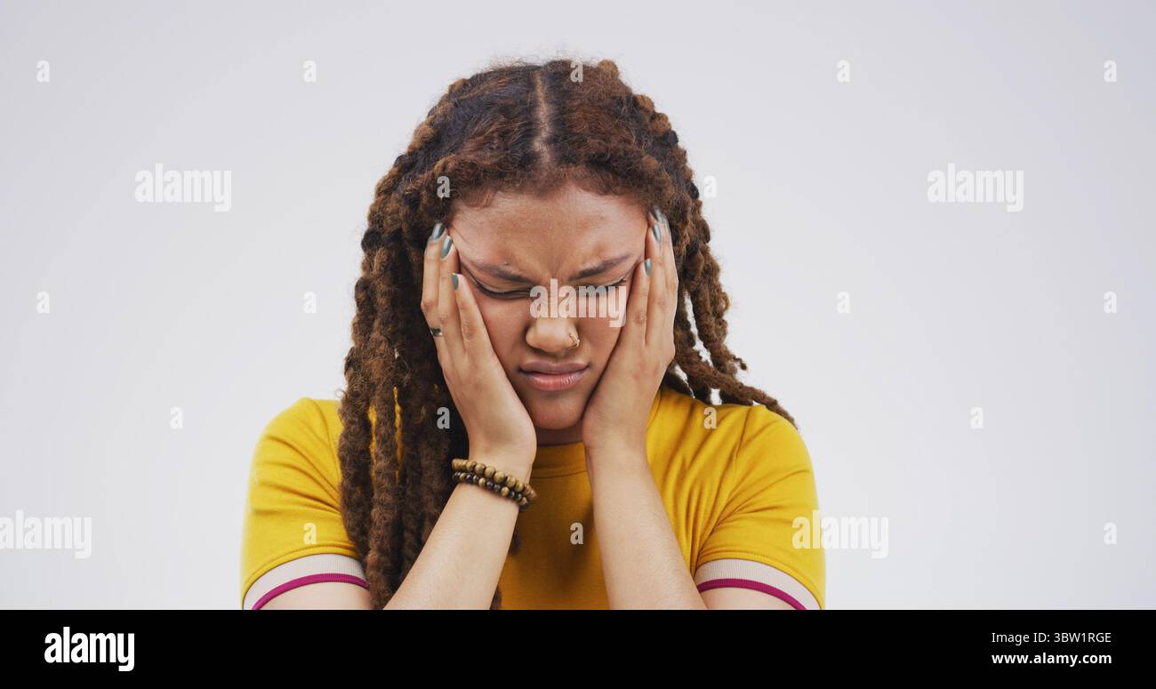Student, sad and face of woman in studio with upset reaction, emotional ...